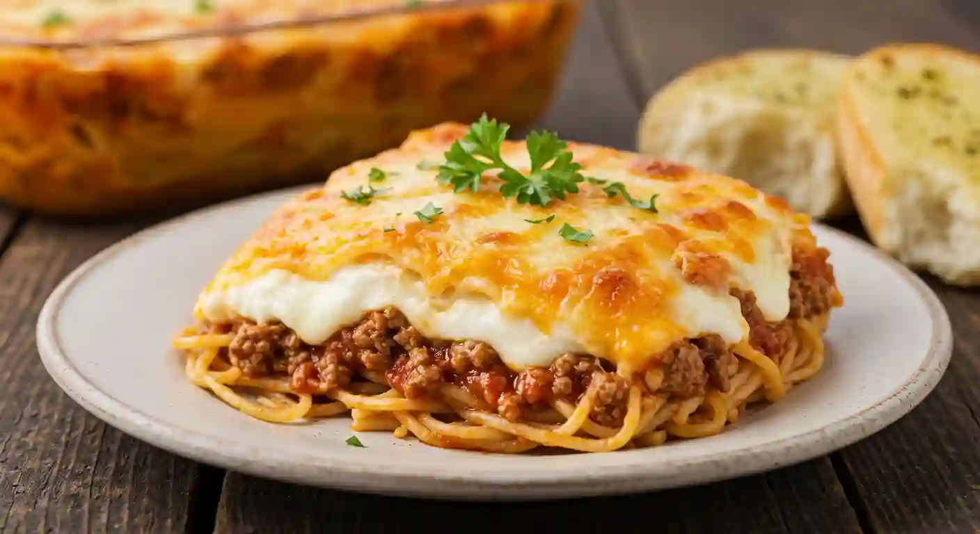 Cheesy Baked Spaghetti - My Grandma's Pie